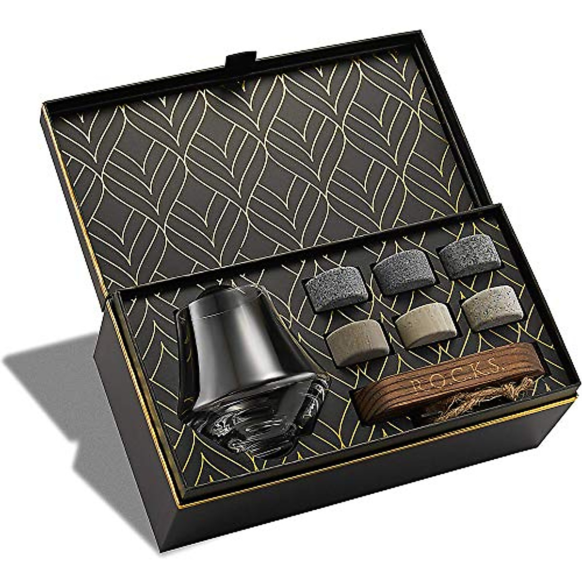 Whiskey Stones & Premium Crystal Nosing Glass Gift Set - 6 Handcrafted Granite Round Sipping Rocks - Tumbler for Whiskey, Scotch, Bourbon Tasting - Hardwood Presentation Tray - Gold Foil Box by Rocks