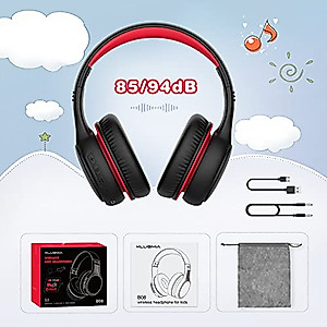 KLUGMIA Kids Bluetooth Headphones, 85/94dB Volume Limited Kids Headphones, Over Ear Toddler Headphones with Built-in Mic, Bluetooth 5.0, Foldable Wireless Headphones for Kids (Black red)