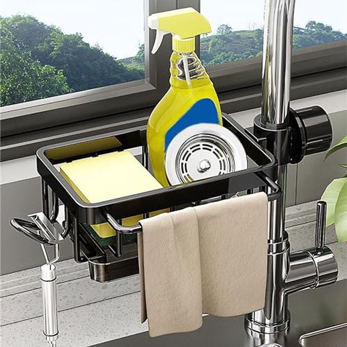 Kvfubvfeb Convenient Sponge Storage Rack Innovative Black Left Type Sponge Rack for Kitchen Sink Detachable Faucet Drain