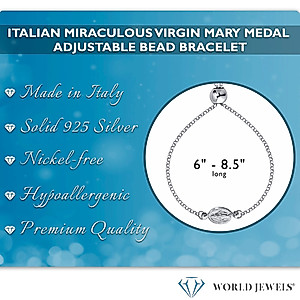 World Jewels 925 Sterling Silver Miraculous Virgin Mary Medal Italian Charm Bracelet - Adjustable Bracelets for Women & Teen Girl, Bead Bracelet, Chain Link - Catholic Gifts, Fit 6-8.5 Inch Wrist