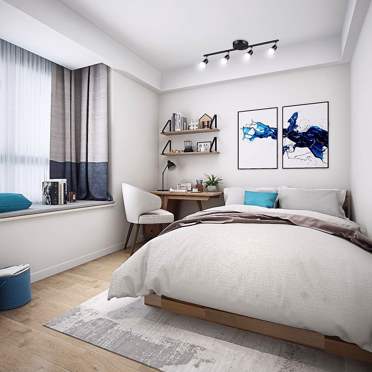 Ascher 4-Light LED Track Lighting Kit, Flexibly Rotatable Light Heads, 4 Way Ceiling Spotlight Black Finish, Including 4 GU10 LED Bulbs (4W 400LM Daylight White 5000K)