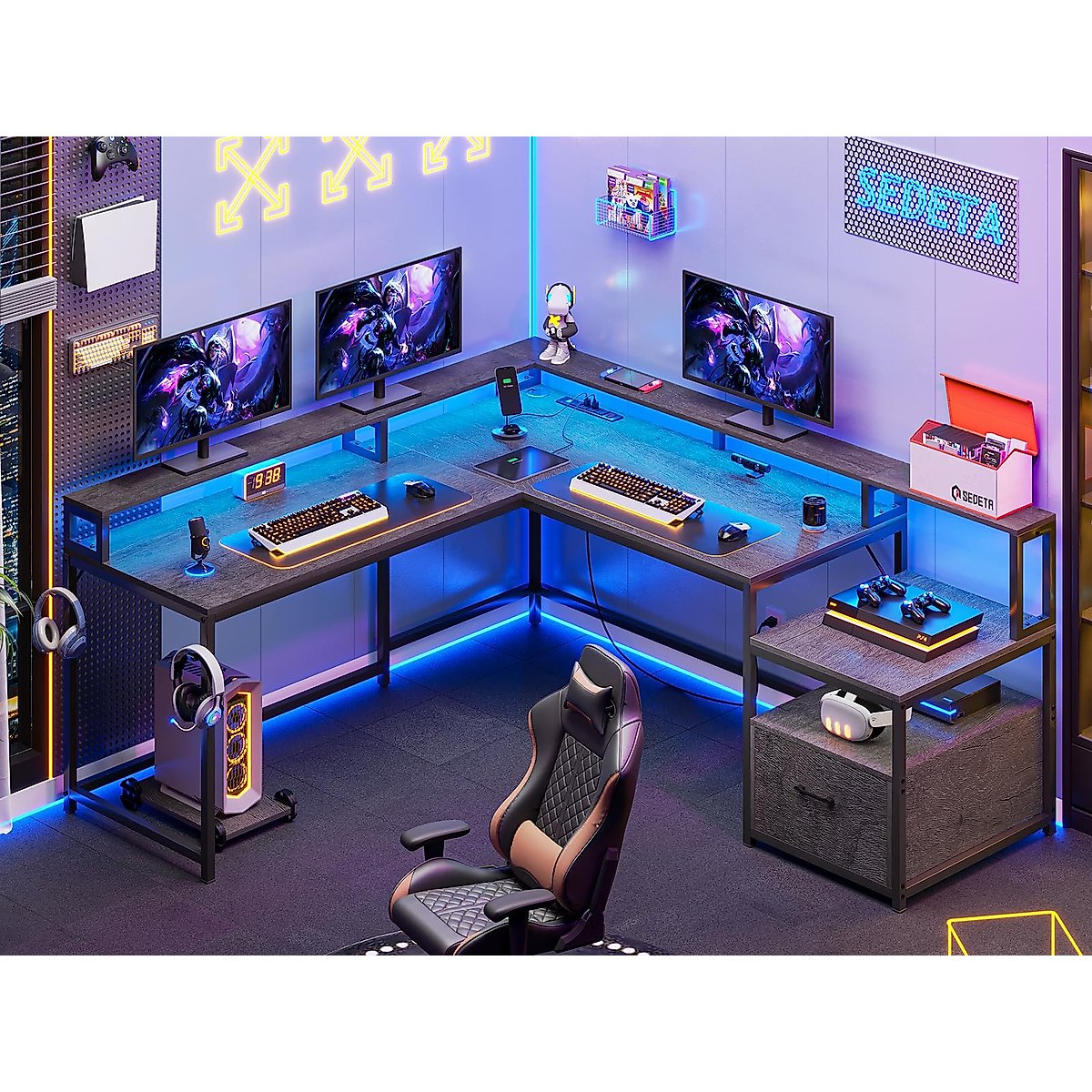 SEDETA L Shaped Office Desk, 66" Home Office Desk with File Drawer & Power Outlet, Gaming Desk with Led Lights, Corner Computer Desk with Monitor Shelf, Printer Storage Shelves, Two Person Desk, Grey