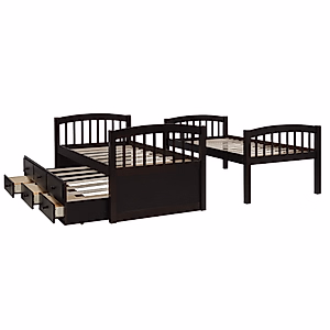 Merax Twin Bunk Bed with Ladder, Safety Rail, Twin Trundle Bed with 3 Drawers for Teens Bedroom, Guest Room Furniture(Espresso)