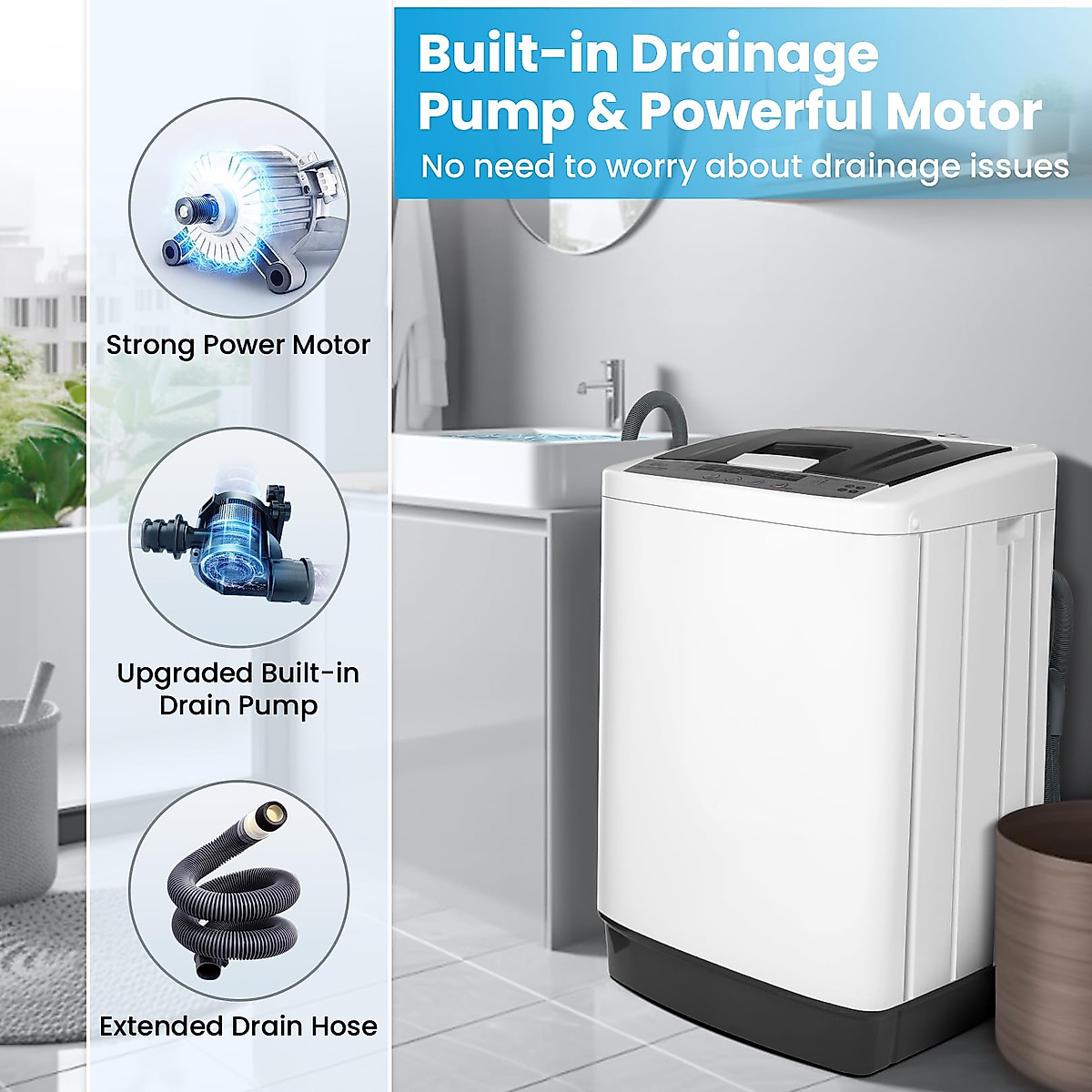 Nictemaw 1.8 Cu.Ft Portable Washing Machine, 13.5 lbs Portable Washer Dryer Combo with Drain Pump, Full Automatic Portable Washer with 10 Programs 8 Water Levels LED Display for Apartments, RV, Dorms