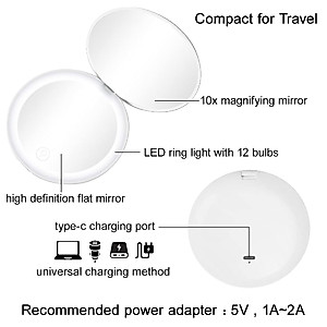 Milishow Compact Mirror with LED Light,1x/10x Magnifying Rechargeable Mirror,3.5in, Dimmable Travel Mirror for Purse,Pocket,Handheld 2-Sided Makeup Mirror (White 1Pack)