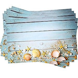 Gift Boutique Disposable Beach Seashell Starfish Paper Mat 50 Pack 11" x 17" Rectangle Summer Nautical Coated Placemat for Blue Sky Ocean Seaside Sand Wood Coastal Table Mat Dinner Party Décor