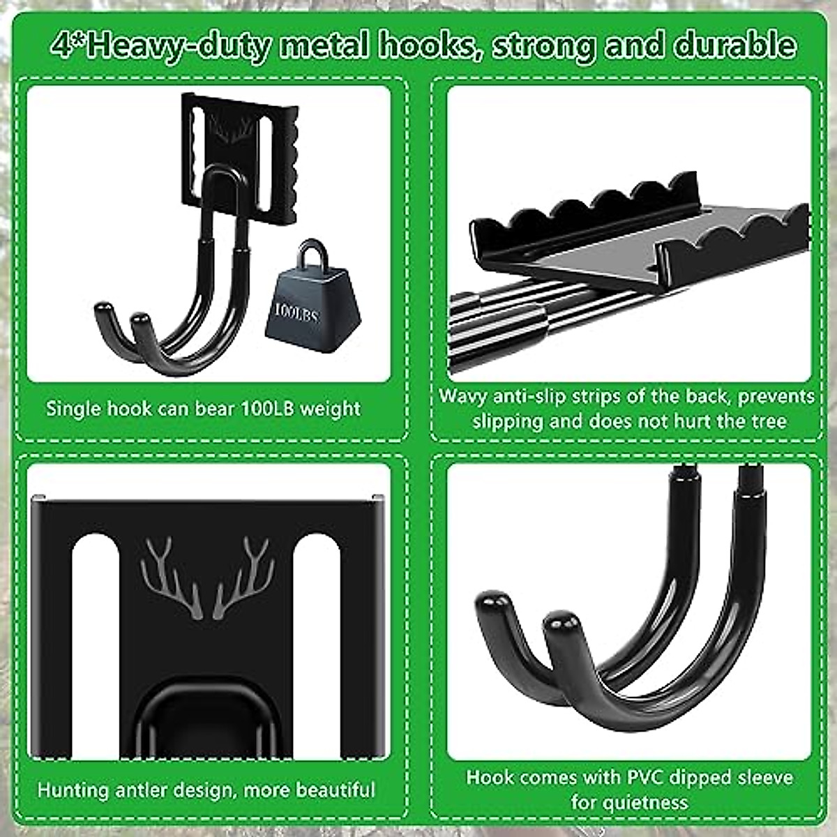whumsdog Bow Hanger for Tree Stand, Treestand Strap Hunting Gear Hanger, Bow Hunting Tree Stand Accessories Holder with 4 Metal Hooks for Gears Bow Quiver Backpack Tree Saddle