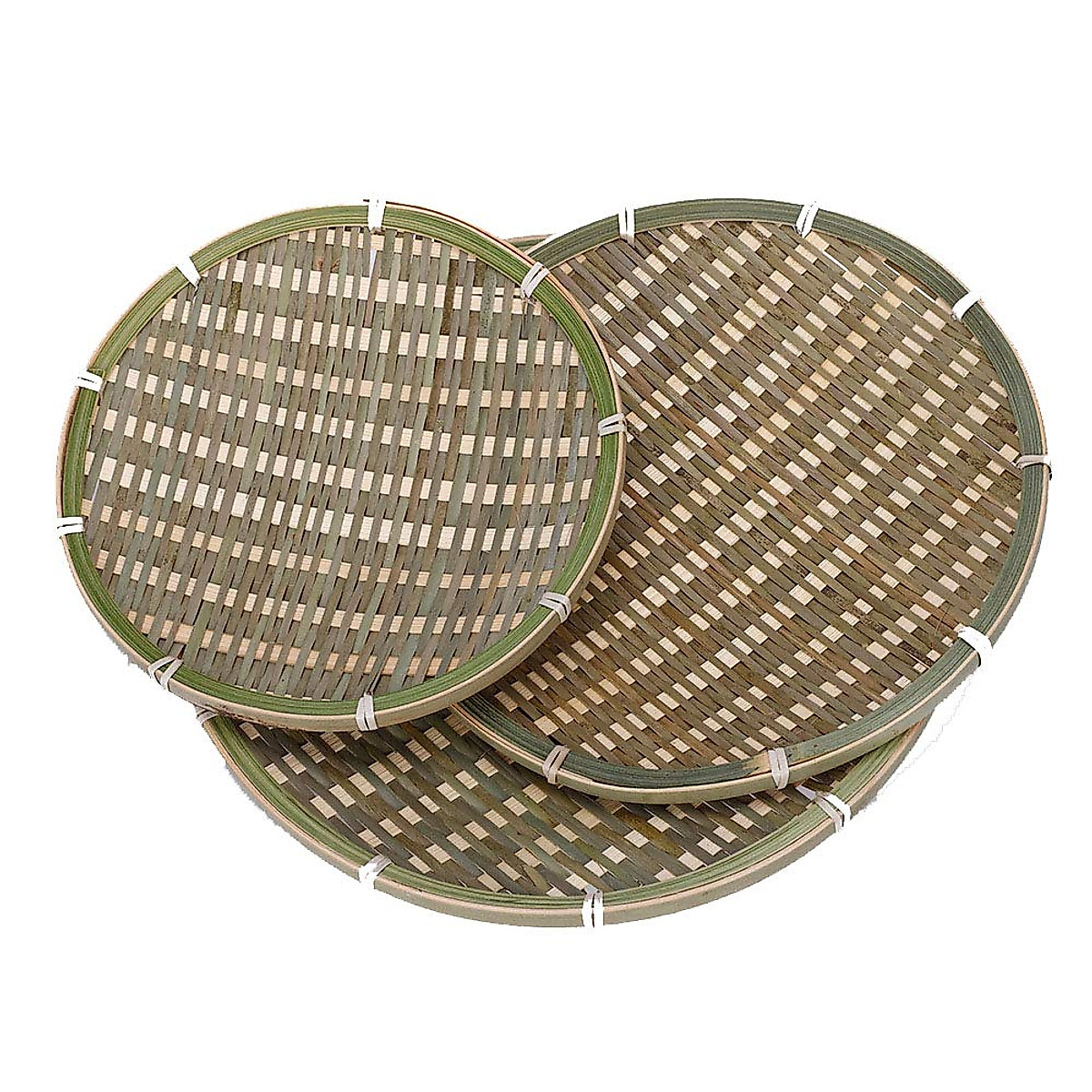 3Packs 100% Handwoven Flat Wicker Round Fruit Bamboo Basket Woven Food Storage Weaved Shallow Tray Holder Bowl Decorative Rack Display for Food Fruit Serving Stand Decor (Green, 3Pcs Bulk Price)