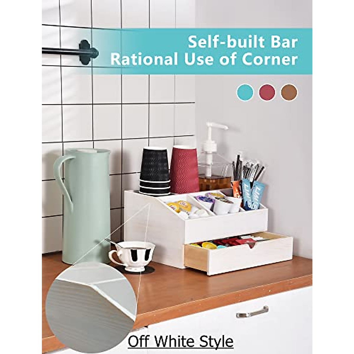 Honizer Coffee Station Organizer with Coffee Pod Drawer, Wooden Coffee Bar Organizer for Countertop, Tea Bag Organizer, Coffee Bar Accessories