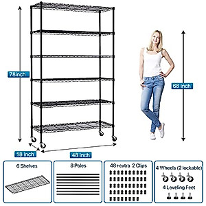 Dkelincs 6 Tier Wire Shelving Unit with Wheels 48" X 18" X 76" Metal Storage Shelves Height Adjustable NSF Heavy Duty Commercial Grade Garage Shelf Rack for Kitchen Basement Restaurant，Black