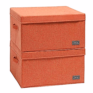 YueYue Foldable Storage Large Clothes Box Fabric，Box Fabric Bin Cube Basket With Lid，Collapsible Boxes Fabric Storage Bins Organizer Cubes Containers With Covers (17.7"/13.8"/9.8") (Orange) 2 Pack