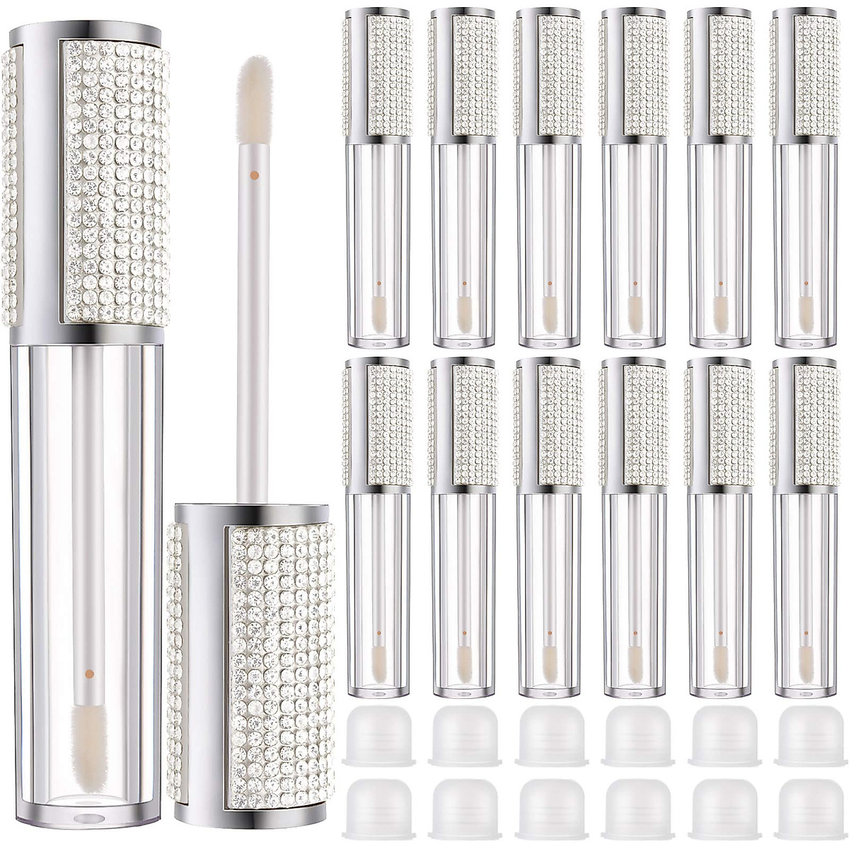Patelai 12 Pieces Crystal Rhinestone Lip Gloss Tubes Empty Lip Gloss Bottles Refillable Rhinestone Lip Gloss Container Lip Balm Tubes Plastic Cosmetic Bottles with Rubber Inserts, 5 ml (Silver)