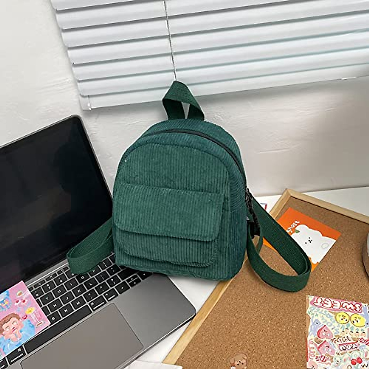AZURAOKEY Women Mini Backpack Corduroy Girls Bookbags Travel Rucksack (Dark Green)