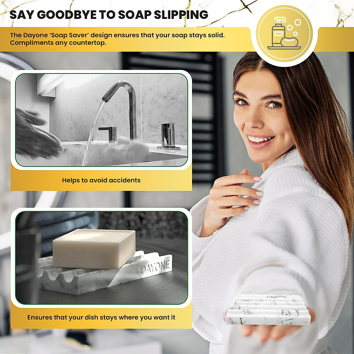 DAY1 Soap Holder with Marble Look - Soap Dish with Soap Saver Ridges Rectangle Bar Soap Holder with Non Slip Feet - Soap Tray for Bathroom, Sink, Kitchen, and SPA (White)