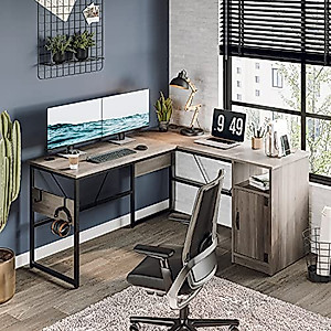 Bestier L Shaped Desk with File Cabinet Reversible Computer Desk 60'' Corner Desks Modern Long Desk 2 People Home Office Desk Study Workstation Table(Wash Grey)
