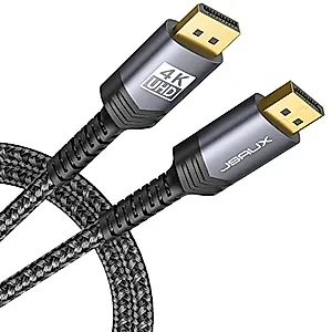 JSAUX DisplayPort Cable 10ft, 21.6Gbps High Speed DP 1.2 Braided Display Port Cord, 4K 60Hz HDR, 2K/1440P 165Hz & 144Hz, 1080p, 3D Compatible for Gaming Monitor Graphics Card TV PC Laptop -Grey