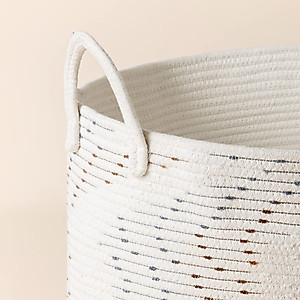 LA JOLIE MUSE Large Cotton Rope Blanket Basket, Soft Woven Laundry Basket for Blankets Toys Yoga Mat, Soft Nursery Storage, 21"(L) x 15"(W) x 13"(H), Oval, Off White with Blue & Brown Dotted Pattern