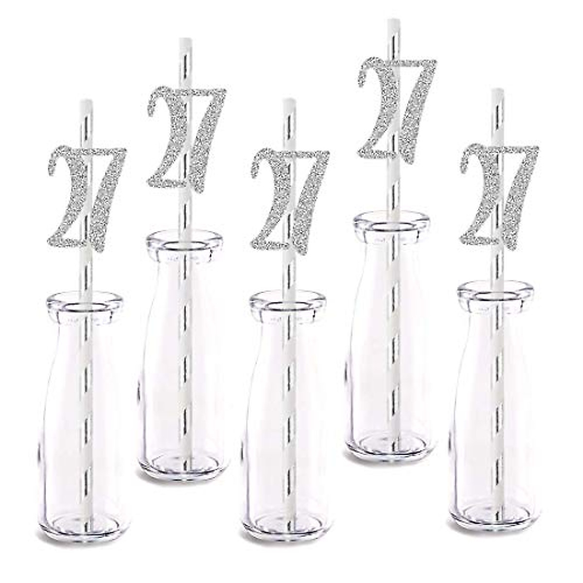 Silver Happy 27th Birthday Straw Decor, Silver Glitter 24pcs Cut-Out Number 27 Party Drinking Decorative Straws, Supplies