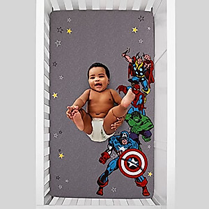 Marvel Comics Grey, White, Red, and Blue, Captain America, Hulk, Spiderman and Thor Photo Op Fitted Crib Sheet
