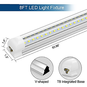 JESLED LED Shop Light 8FT, 72W 6500K Cool White, 9000LM High Output, V Shape, T8 Linkable 8 Foot LED Tube Lights for Garage, Warehouse, Plug and Play, Clear Cover (6-Pack)
