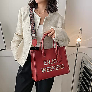 Jechin Fashion Large Handbag Enjoy Weekend Letter Pu Leather Tote Bag for Women Girls (Red)