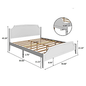 Altillo King Size Bed Frame, White Contemporary Solid Wood Bed, Wooden Platform Bed Frame, Slatted Supports, No Box Box Needed, King Size Painted Finish (King)