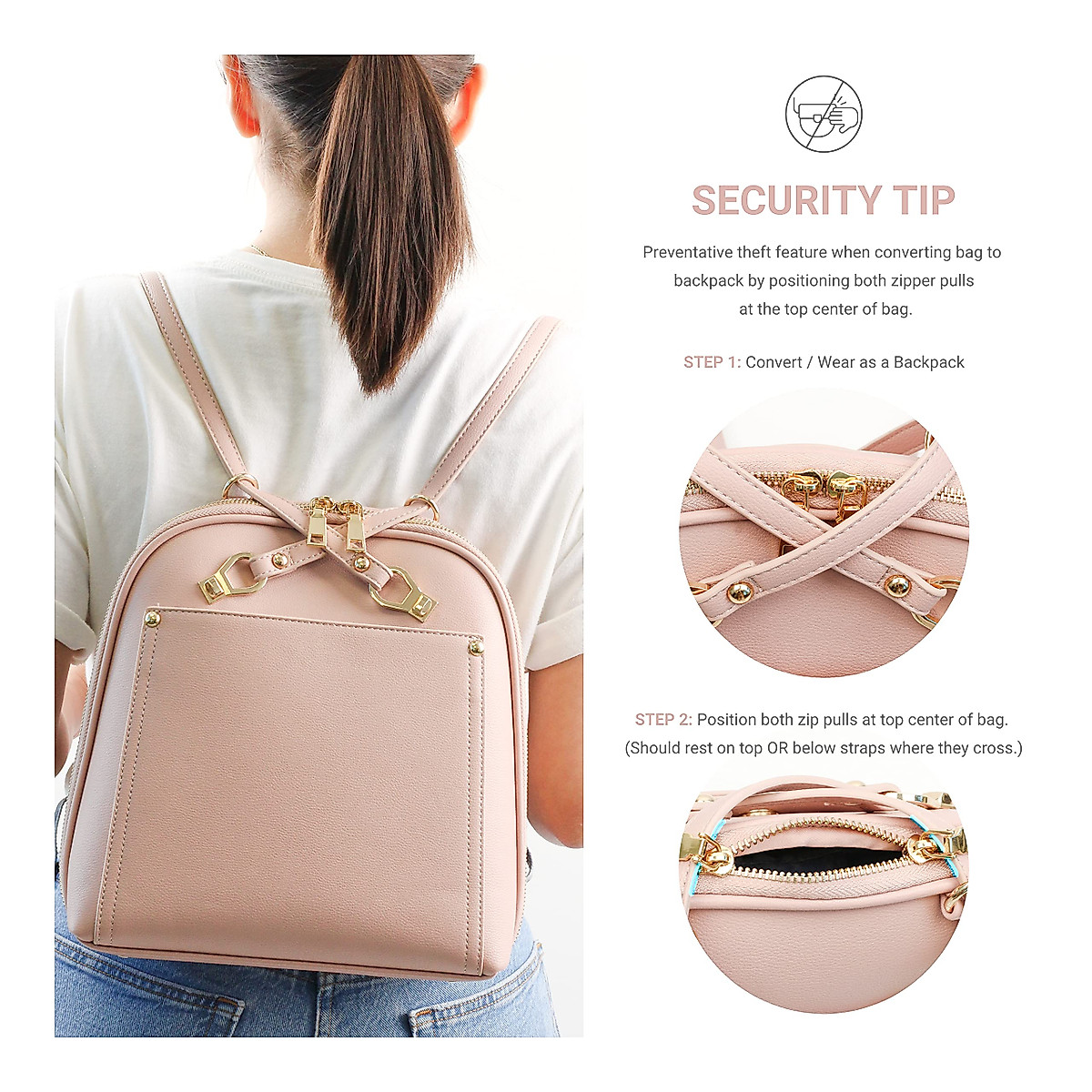 MMS Brands Miztique The Daisy Convertible Backpack Purse for Women (Blush) | Soft Vegan Leather Shoulder Strap Bag or Convertible Backpack | 10.5in x 4in x 11.5in |