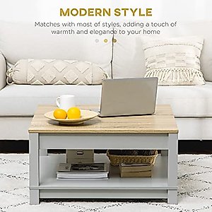 HOMCOM Coffee Table, 2 Tier Center Table with Storage Shelf and Wood Textured Top, Square Living Room Table, Light Gray