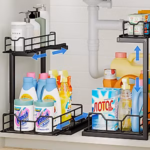 Fixwal 2 Pack Under Bathroom Sink Organizer and Storage, 2-Tier Adjustable Height Kitchen Bathroom Cabinet Organizers and Storage, Metal Pull Out Under Sink Storage for Kitchen Bathroom Cabinet Pantry