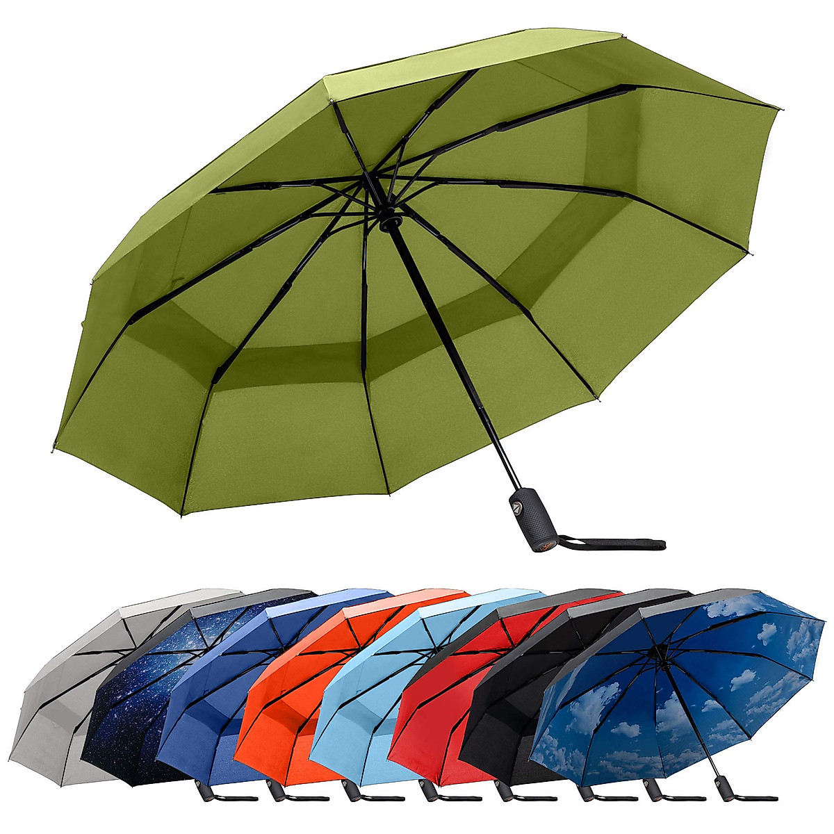 RainPlus Windproof Travel Umbrella - Compact, Automatic, Folding and Portable - Umbrellas For Rain for Men and Women - Car, Backpack, Purse, Strong & Wind Resistant (Green)