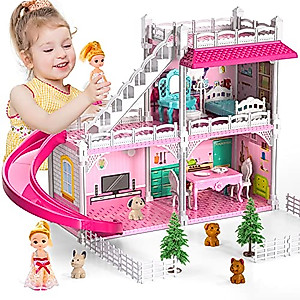 Doll House, Dream Doll House Furniture Pink Girl Toys, 2 Stories 3 Rooms Dollhouse with 2 Princesses Slide Accessories, Toddler Playhouse Gift for for 3 4 5 6 7 8 9 10 Year Old Girls Toys
