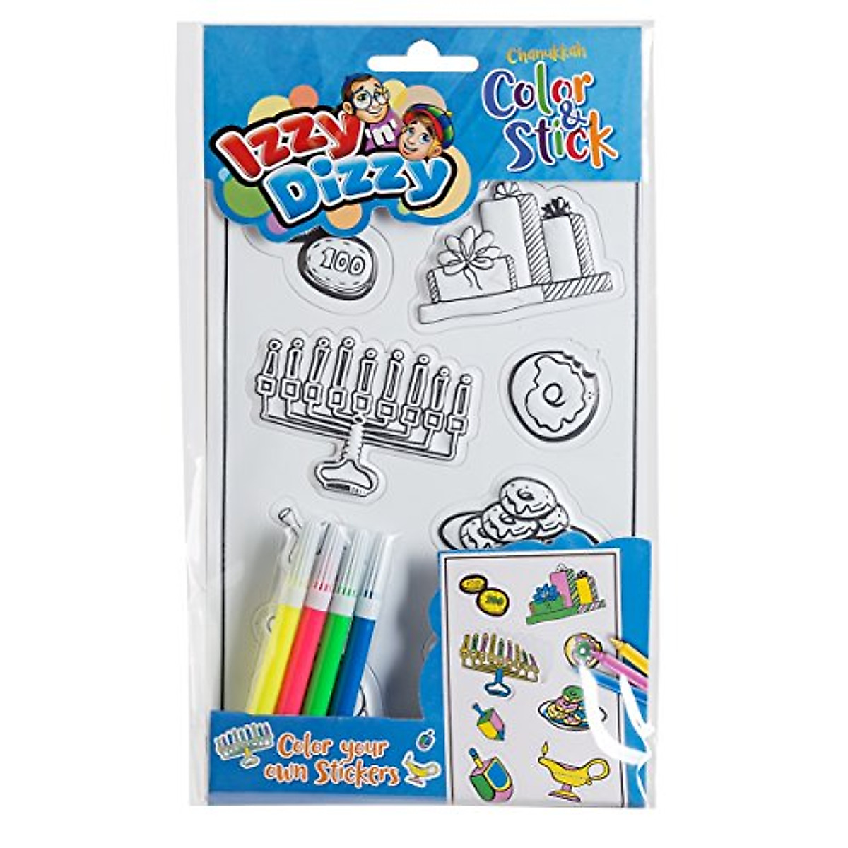 Hanukkah Color and Stick - Color Your Own Stickers - Includes 4 Markers - Hanukah Arts and Crafts - Gifts and Games - Izzy 'n' Dizzy