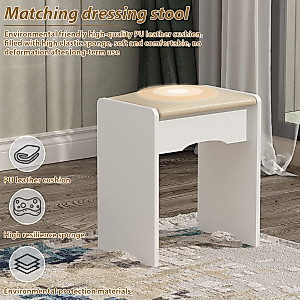 FUFU&GAGA Vanity Set with Round Mirror, Makeup Vanity Dressing Table with 5 Drawers, Shelves, Dresser Desk and Cushioned Stool Set (White/Lighted Mirror)