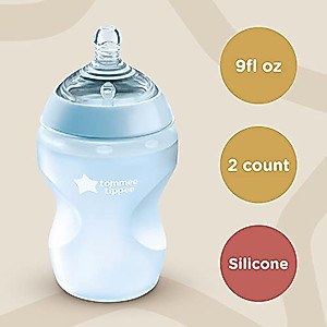 Tommee Tippee Closer to Nature Soft Feel Silicone Baby Bottle, Slow Flow Breast-Like Nipple, Anti Colic, Stain and Odor Resistant (9oz, 2 Count, Pink)