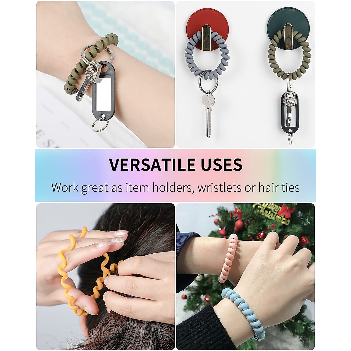 Uniclife 6 PCS Wristlet Keychain Flexible Plastic Spring Spiral Coil Key Holder with Silver Key Ring Chain Holder Tag Stretchable Wristband Bracelet Hair Tie for ID Badge Sauna Gym and Outdoor Sports