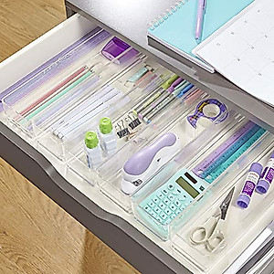 STORi SimpleSort 6-Piece Stackable Clear Drawer Organizer Set | 12" x 3" x 2" Rectangle Trays | Narrow Makeup Vanity Storage Bins and Office Desk Drawer Dividers | Made in USA