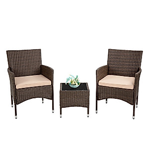 FDW Outdoor Patio Furniture Set,3 Pieces Wicker Bistro Set Outdoor Patio Set Rattan Chair Conversation Sets Patio Sofa Wicker Table Set for Yard Backyard Lawn Porch Poolside Balcony,Khaki Cushion