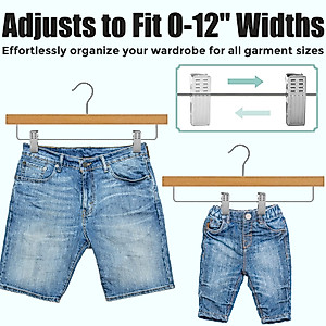 SMARTOR Wood Pants Hangers - 14inch, 20 Pack Skirt Hangers Shorts Hangers with 2-Adjustable Clips, Pants Hanger Wooden as Slack Hanger, Jeans Hangers, Trousers Hangers, Bottom Hangers - Natural