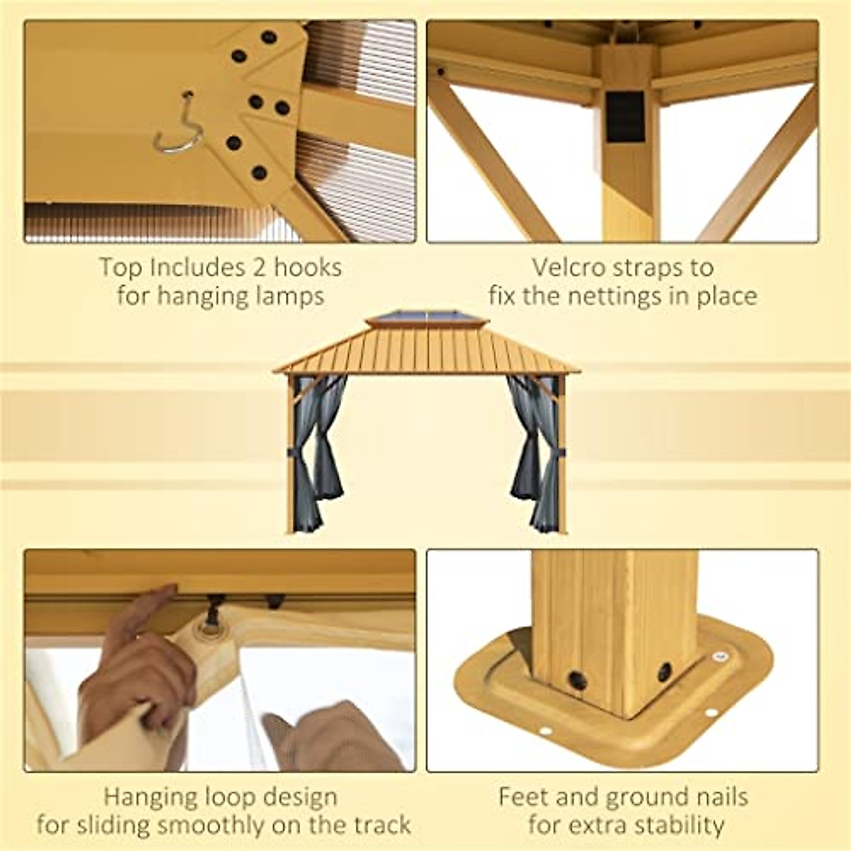 TBGFPO 12' x 10' Hardtop Gazebo Steel Canopy Outdoor Pergola with Aluminum Frame and Netting for Patios, Gardens, Lawns