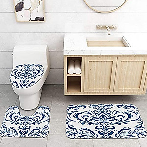 RyounoArt 4Pcs Damask Print Shower Curtain Sets with Non-Slip Rugs Toilet Lid Cover and Bath Mat Navy Blue Floral Paisley Shower Curtain Indigo Abstract Flowers Boho Style Bathroom Decor
