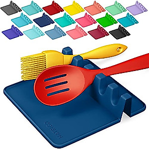Silicone Spoon Rest Holder for Stove Top, Silicon Utensil Rests for Kitchen Countertop, Large Heat Resistant Spatula Spoon Reat for Cooking with 5 Slots with Drip Pad BBQ Utensil Holder (Sapphire)