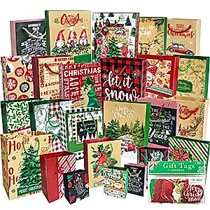 24 Christmas Gift Paper Bags Bulk with handles and 60 Count Christmas Gift Tags-Assorted sizes set for Wrapping Xmas Holiday Presents(6 Jumbo,6 Large,6 Medium,6 Small)