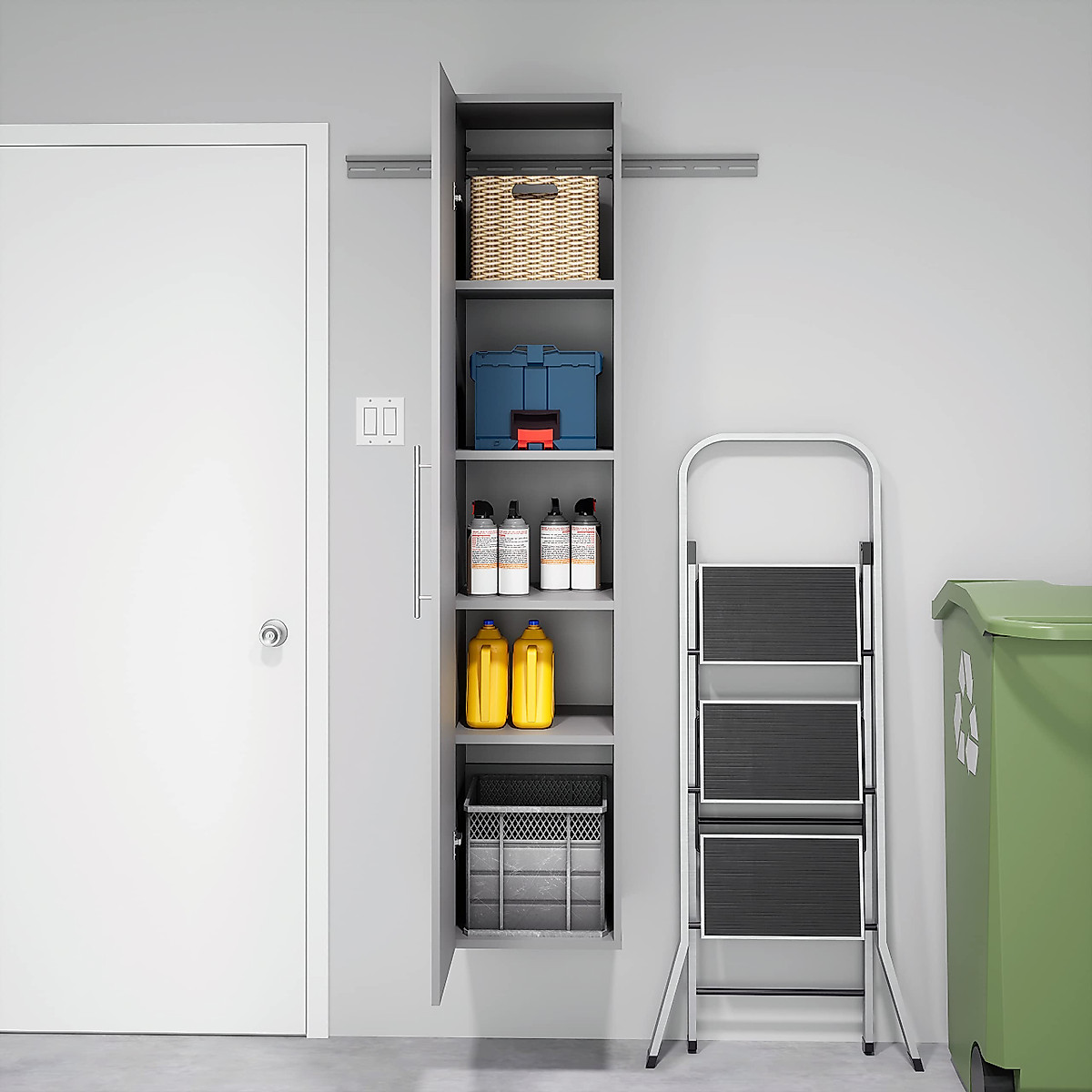 Prepac HangUps Narrow Wall Mounted Garage Storage Cabinet, Tall Storage Organizer Cabinet, 15" W x 72" H x 16" D, Light Gray