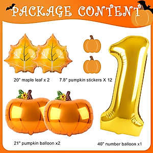 Dripykiaa 5Pcs Pumpkin First Balloon 40" Gold One Year Old Balloon Set for First Birthday Fall Birthday Decorations Maple Leaves Pumpkin Foil Helium Balloons Party Supplies Backdrops for Girls Boys