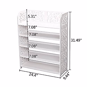 Portable Shoe Rack Storage Unit Shelves Shoe Storage Cabinet, Stackable Wood-Plastic Board 5 Tiers Carved Shoe Shelf Storage Organizer for Entryway Closet Bedroom,White