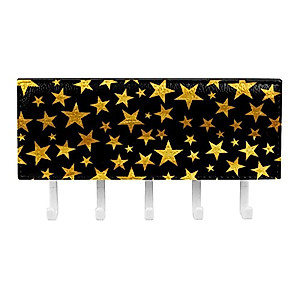 Leather Hook Rack Rail Wall Mounted, Black Background with Golden Stars Coat and Hat Self Adhesive Hooks up for Hanging Pant Towel Key Purse Kitchenware