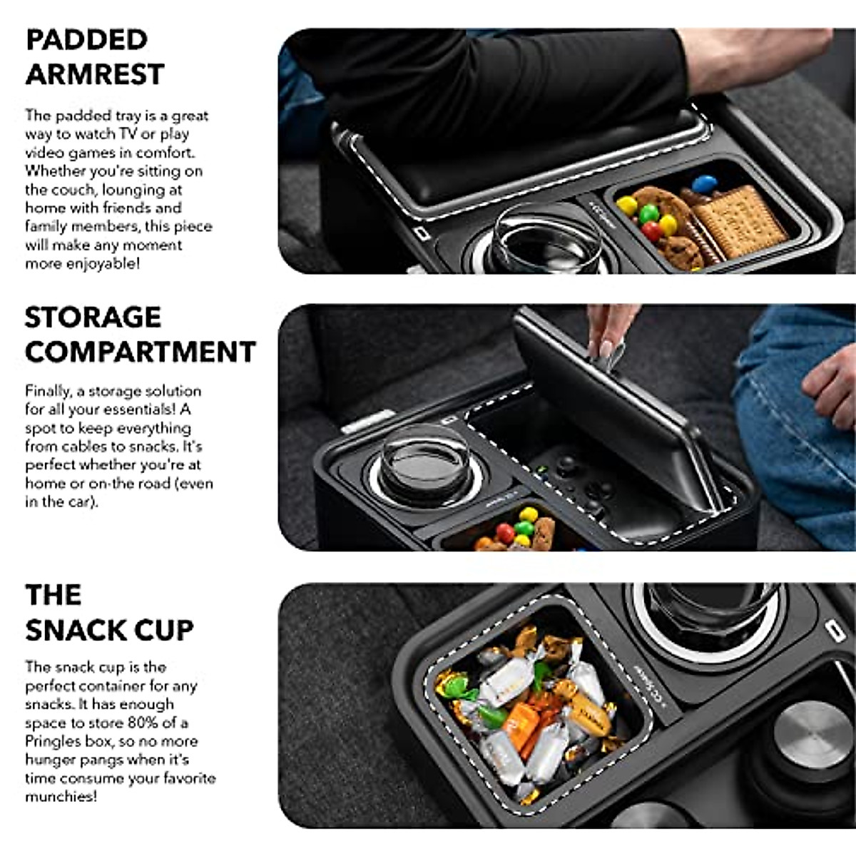 CouchConsole Original Tray - Drinks & Snacks Sofa Caddy with Armrest, Table with Phone Stand- TV Remote Control Storage and Organizer - for Living Rooms, RV, and Cars, Black/Gray