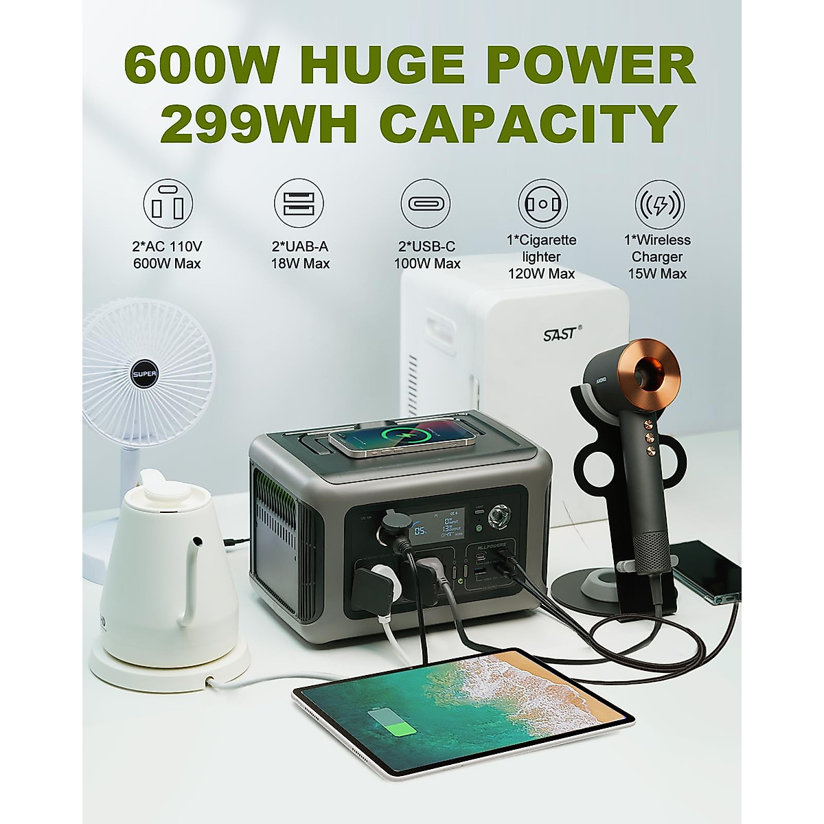 [Upgraded Version] ALLPOWERS R600 Super-Quiet Portable Power Station, 299Wh 600W LiFePO4 Battery Backup with UPS Function, 400W Max Input, MPPT Solar Generator for Outdoor Camping, RVs, Home Use