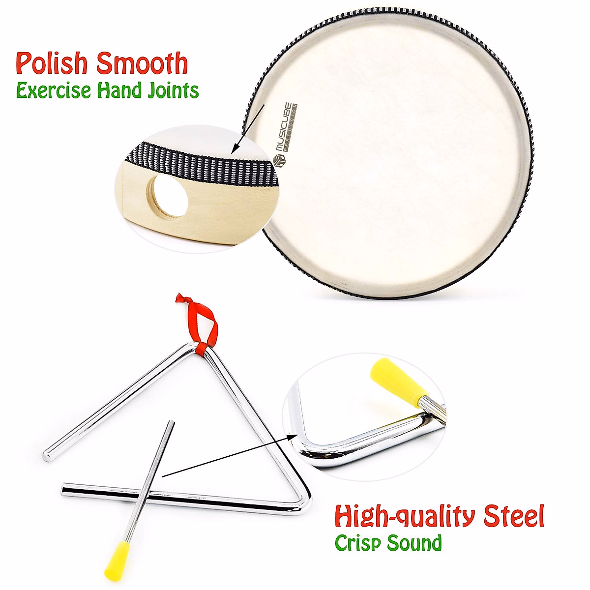 MUSICUBE 7 Pcs Musical Instrument Toys Set for Kids Wooden Percussion Instrument with Hand Drum, Maracas, Triangles, Hand Bell Educational Instrument for Toddler Birthday Gift for Boys Girls Aged 3+