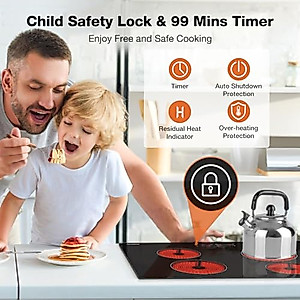 thermomate 4 Burners Electric Cooktop, 30 Inch Built in Electric Radiant Stove Top, 6000W Ceramic Glass Cooktop with Sensor Touch Control, 9 Heating Level, Chlid Lock & Timer, 220-240V Hard Wire